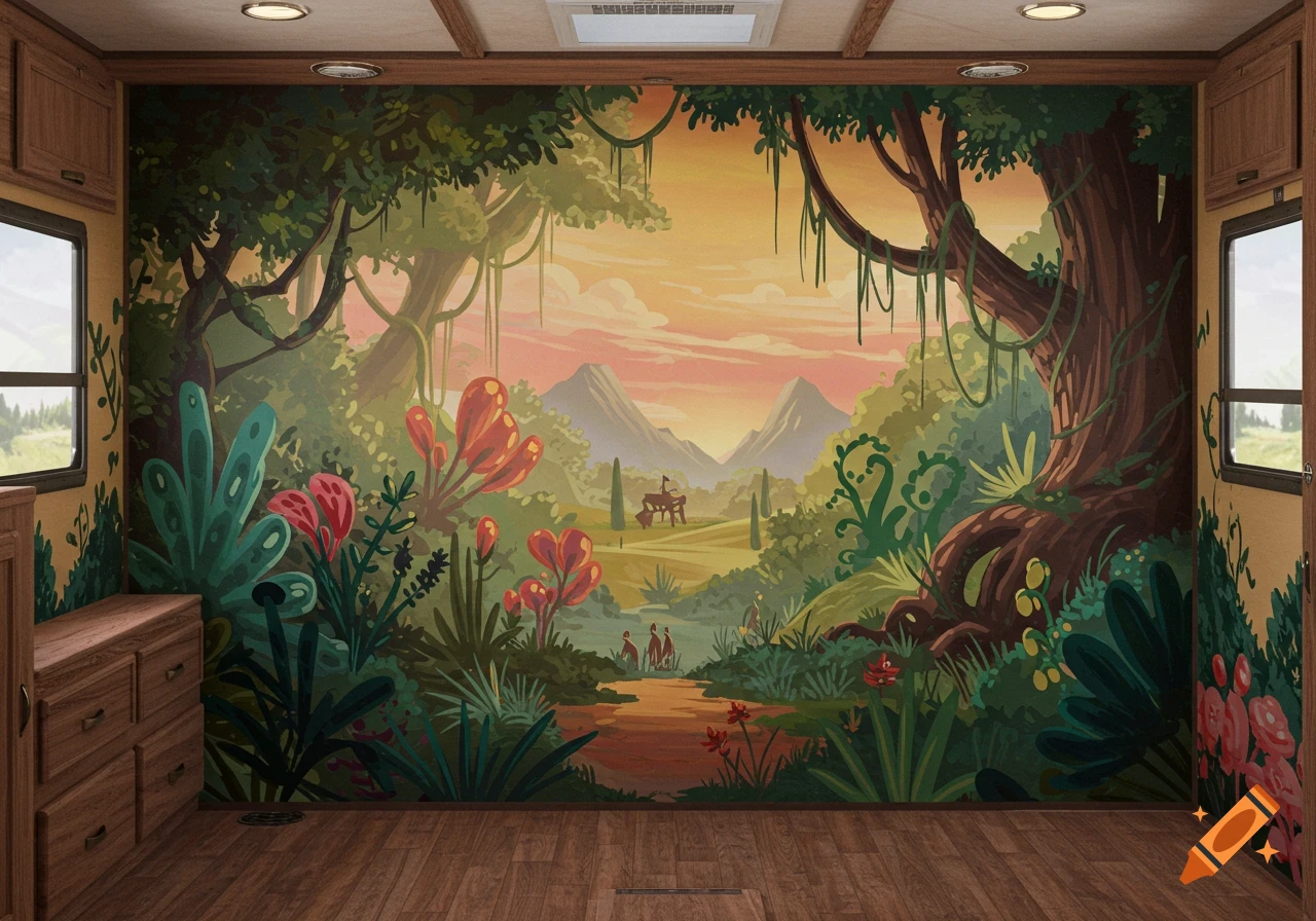 Stylized mural of a jungle landscape with mountains and path in a ...
