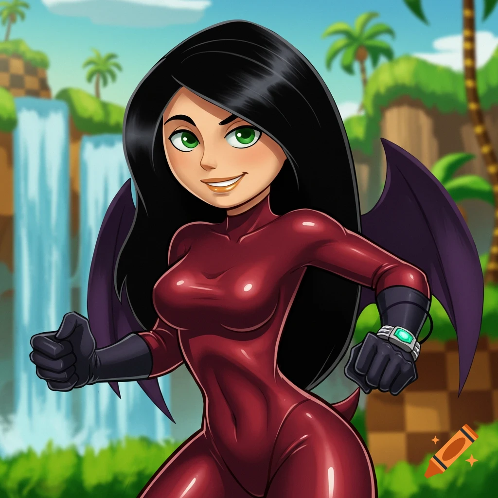 Cartoon character with bat wings and tail in a red suit running in a tropical zone with ...