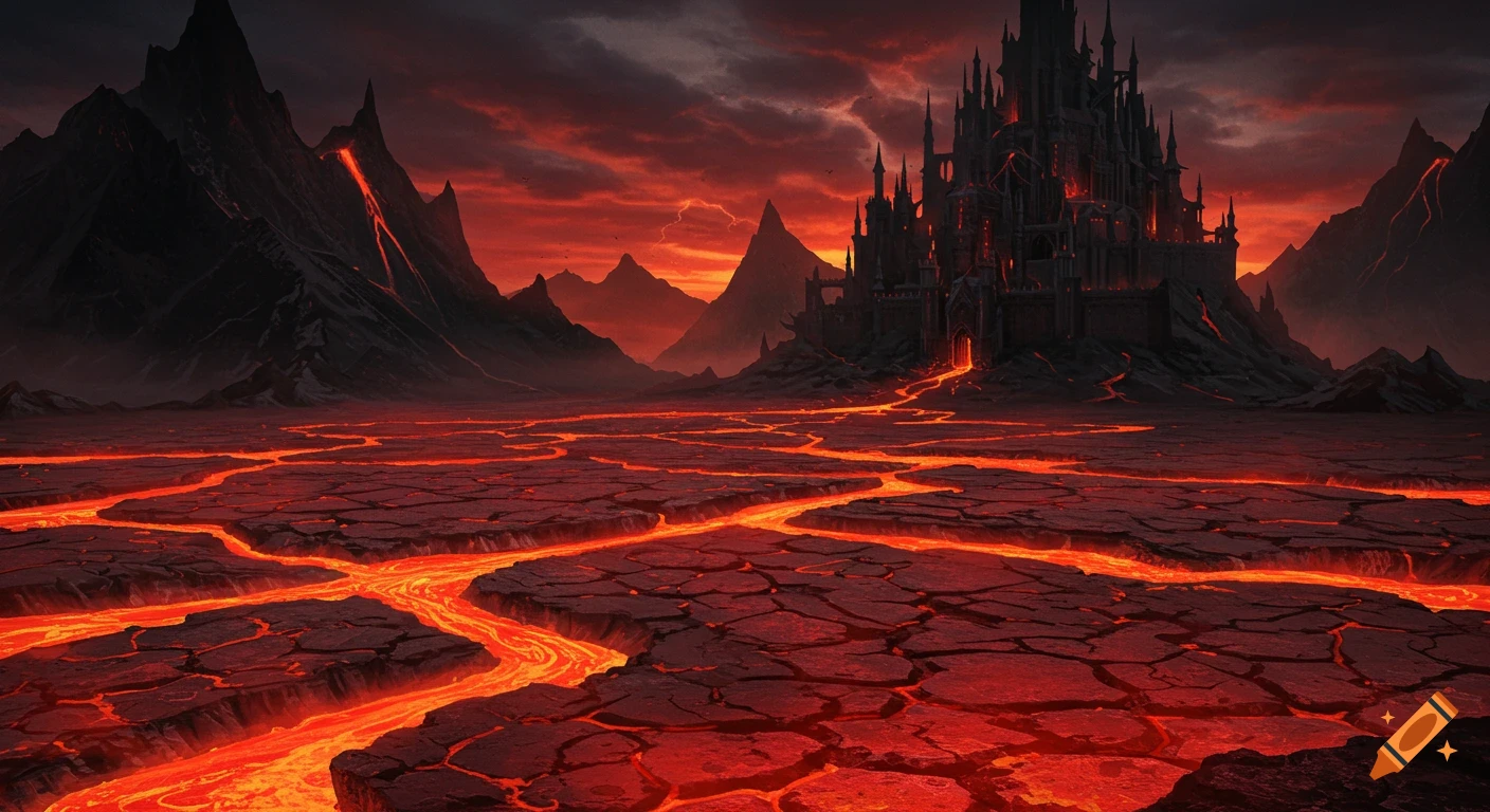 A dark castle on a mountain overlooks a cracked, red landscape filled with glowing lava under a ...