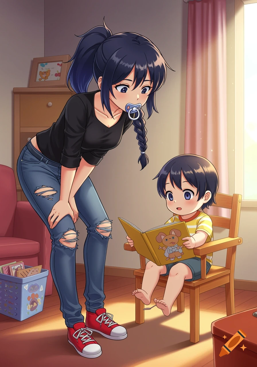 Anime woman with a pacifier kneeling next to a child reading a book on ...