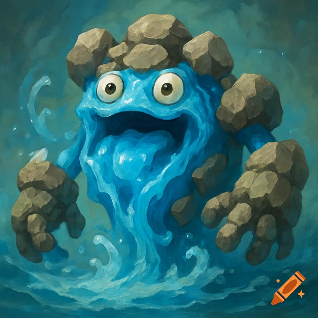 Illustration of a cartoon blue water monster with rocks on its head and ...