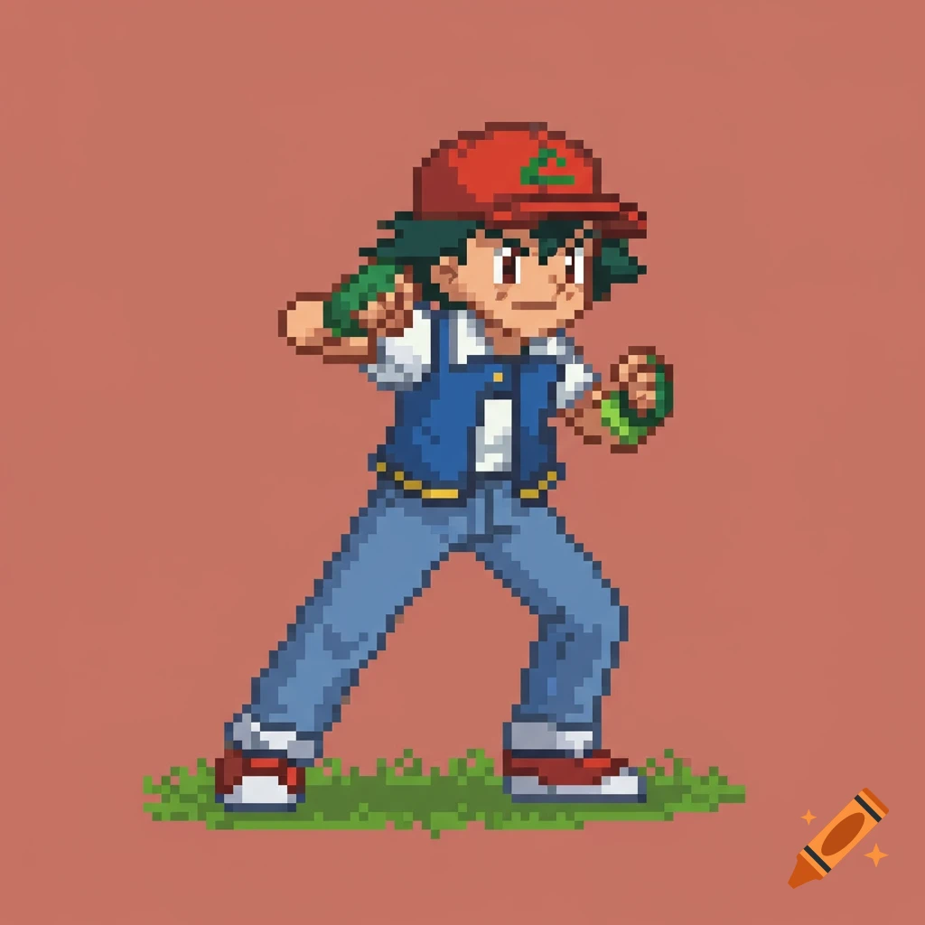 Pixel art of Ash Ketchum from Pokemon throwing a pokeball. on Craiyon