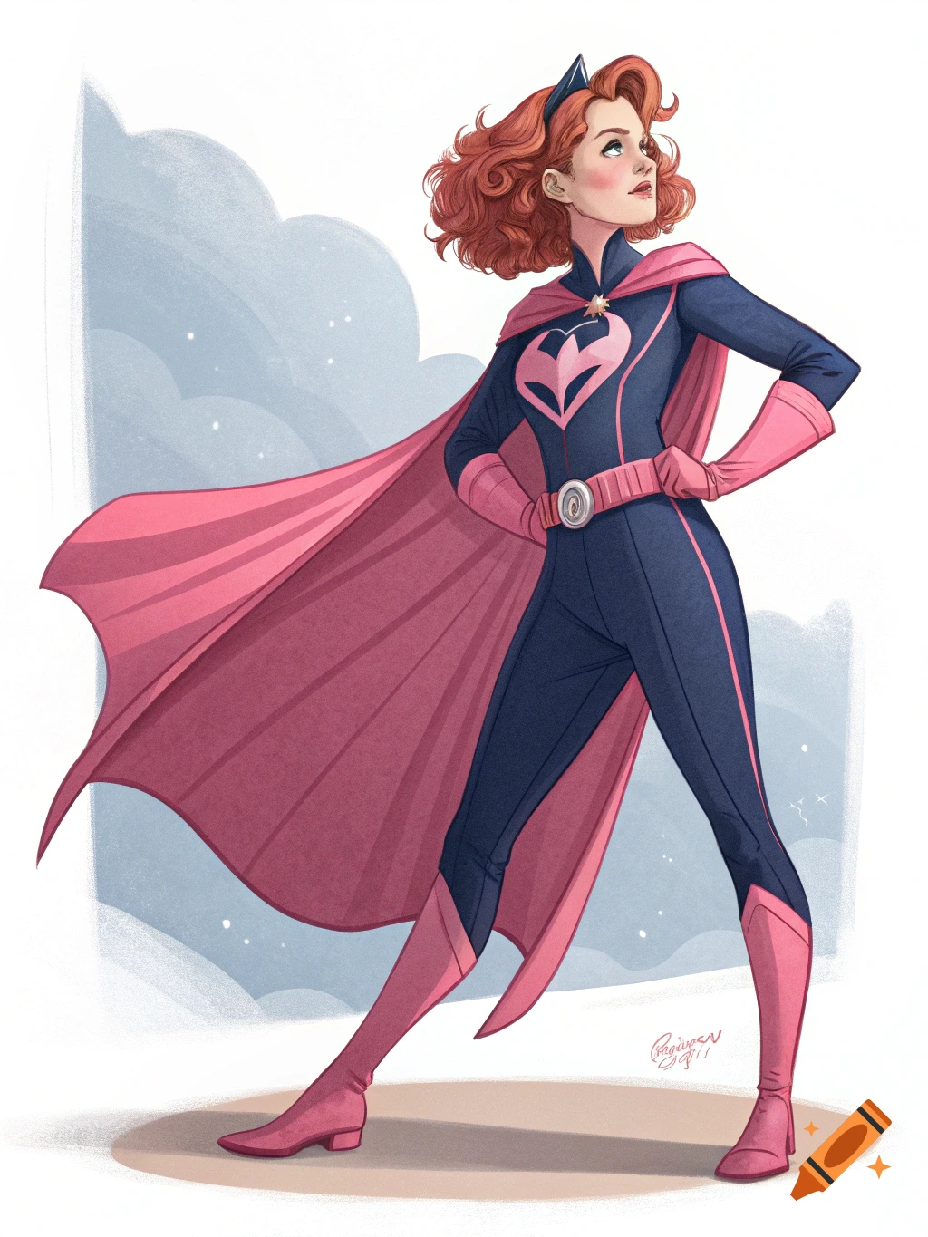 Illustration of a red-haired female superhero in blue and pink costume ...