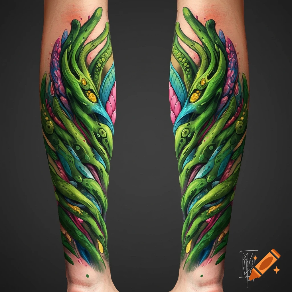 Green bio-organic tattoos with pink and blue accents cover both arms ...
