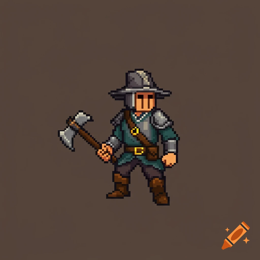 Pixel art sprite of a fantasy character in a hat and armor holding an ...