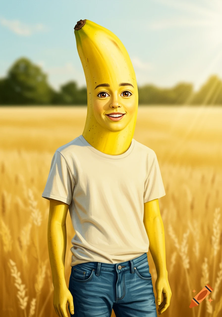 A realistic image of a person with a banana head standing in a sunny ...