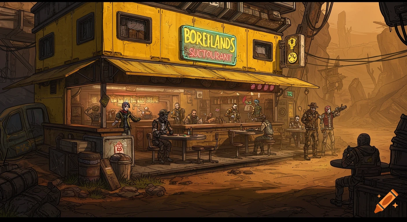 Borderlands-style illustration of a restaurant with patrons in a dusty ...