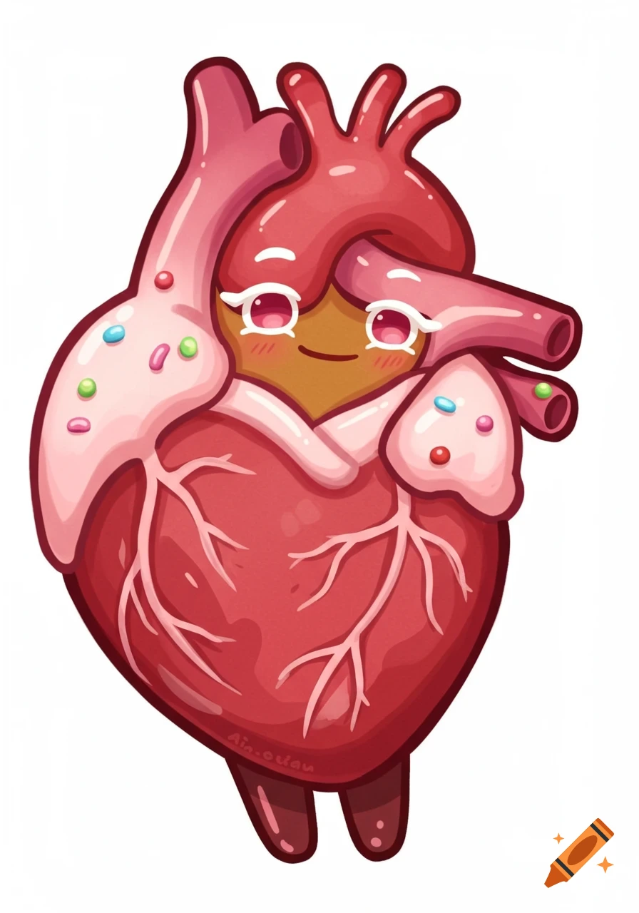 A cute cartoon character designed like a human heart with cookie-like ...