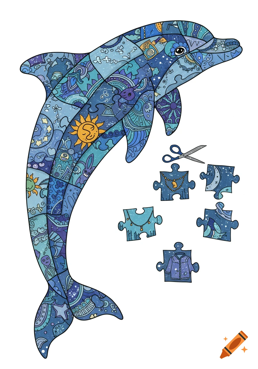 Stylized blue dolphin illustration designed as a puzzle with separate ...