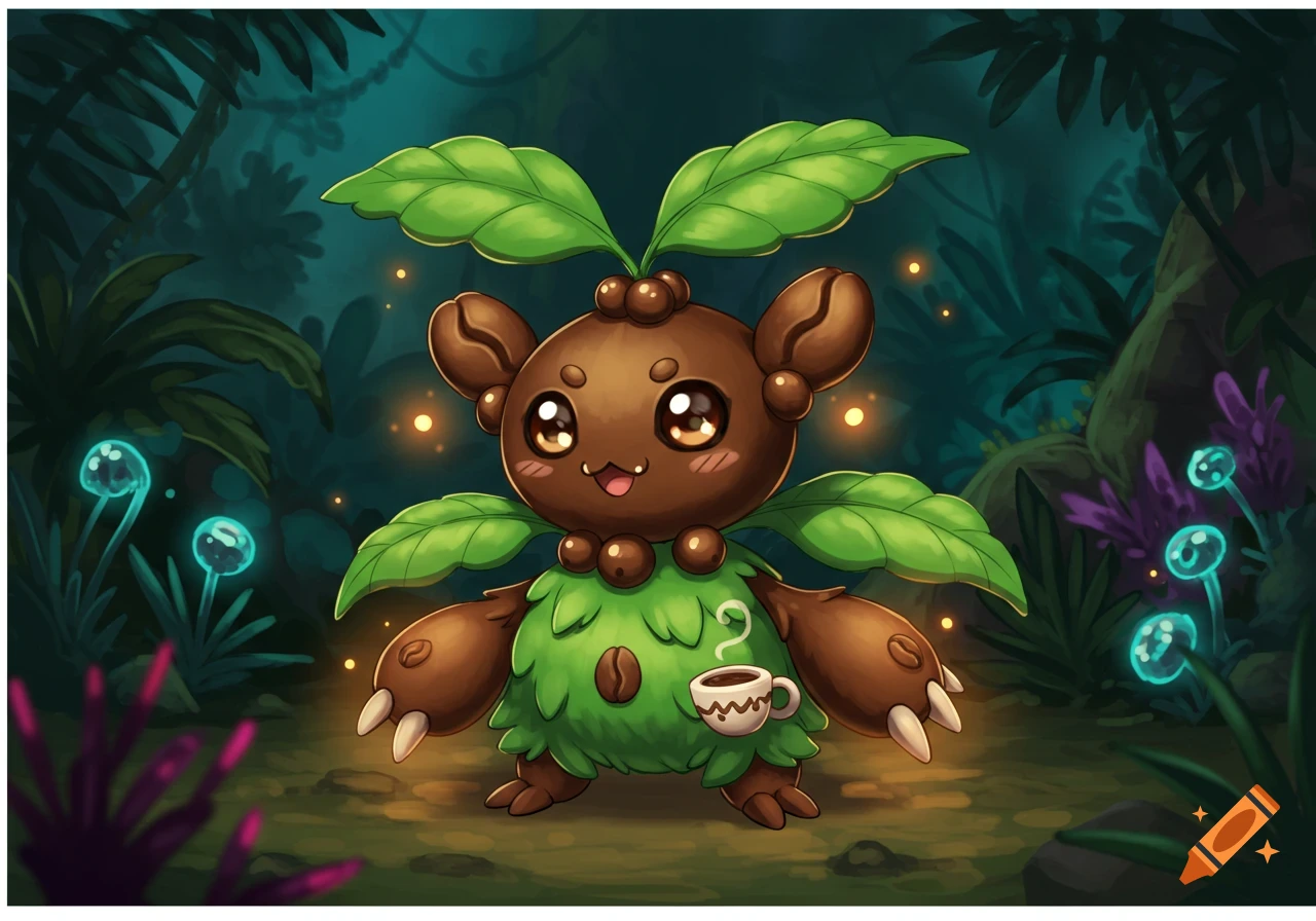 Cute coffee plant monster holds a coffee cup in a dark forest, in ...