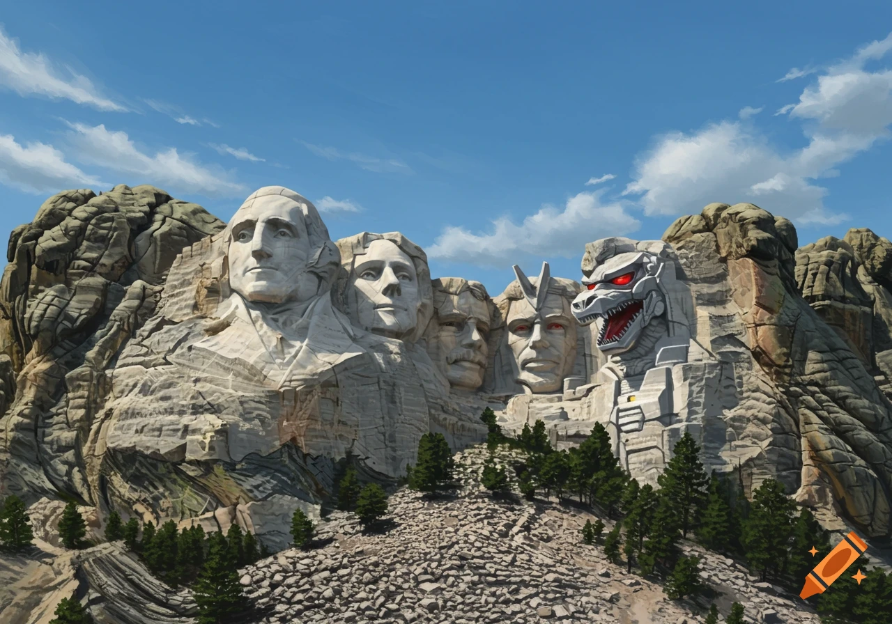 Mount Rushmore carved with faces of Kaiju monsters like Mechagodzilla ...