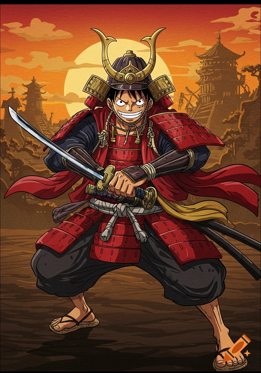 Luffy from One Piece as a samurai holding a sword against a sunset ...
