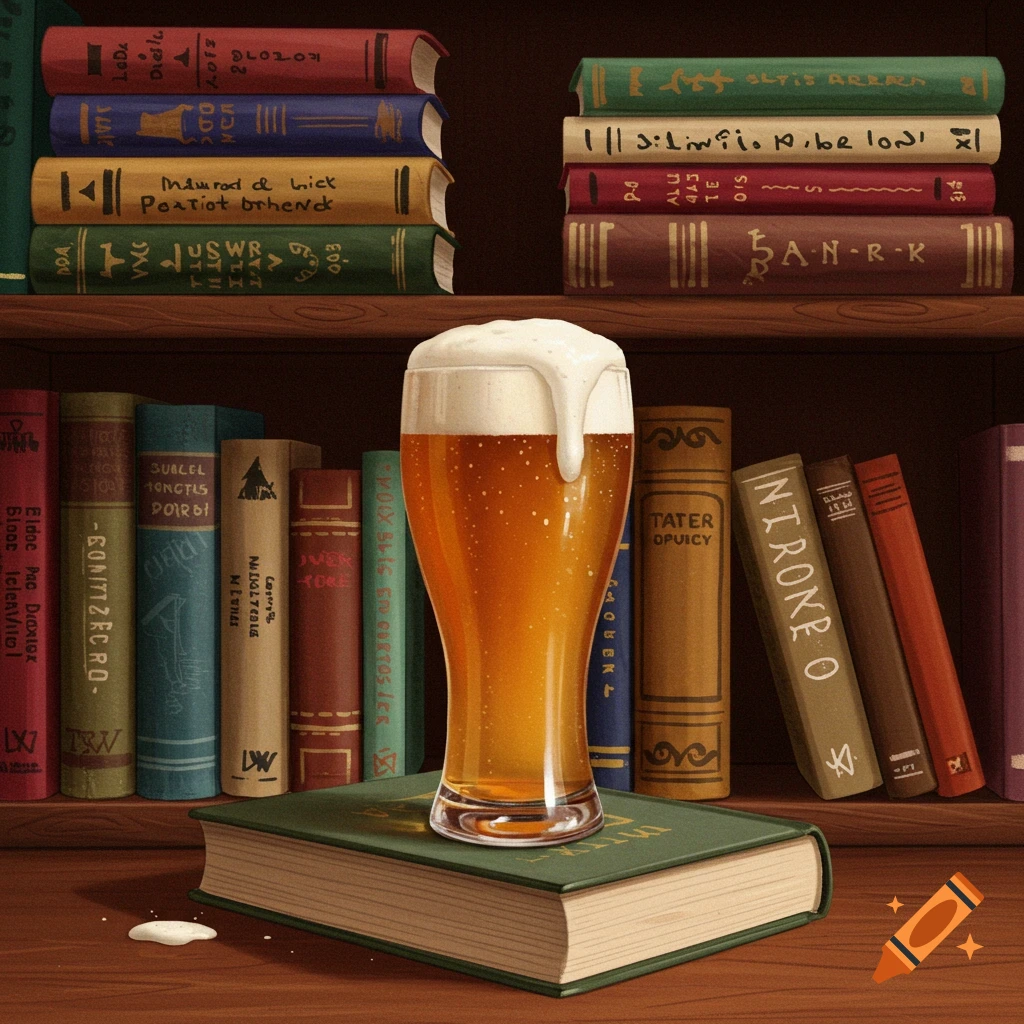 A glass of beer sits on a book in front of a bookshelf. on Craiyon