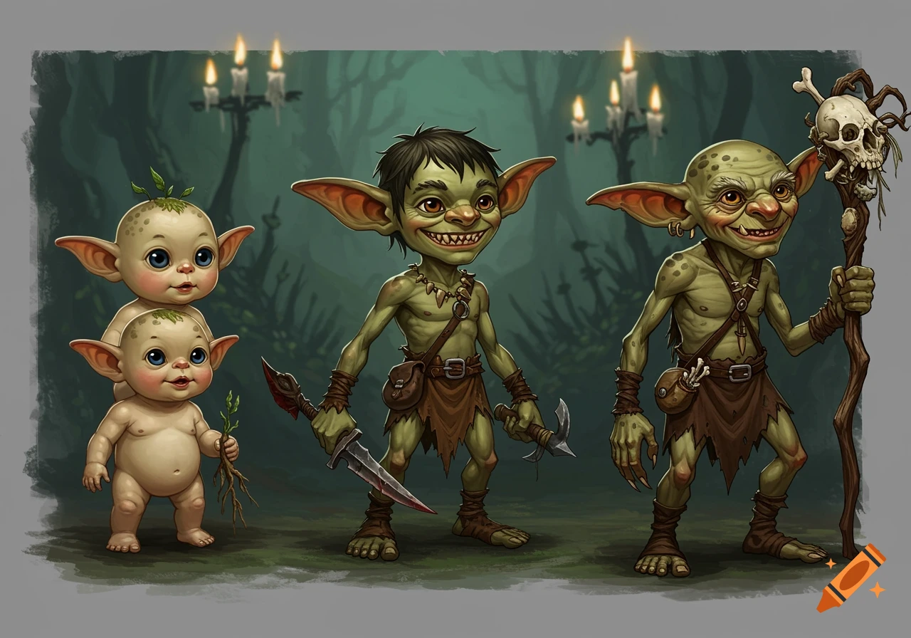 Three goblins showing evolution from baby to old age in a fantasy setting. on Craiyon