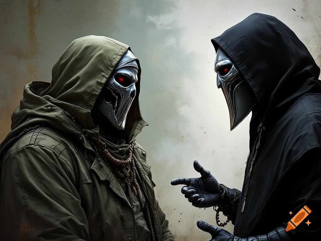 Two masked figures in hooded robes face each other in a dramatic pose ...