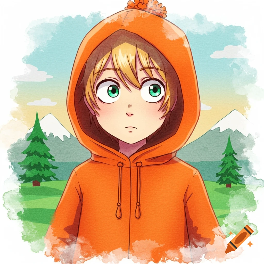 Anime style watercolor portrait of Kenny from South Park in an orange ...