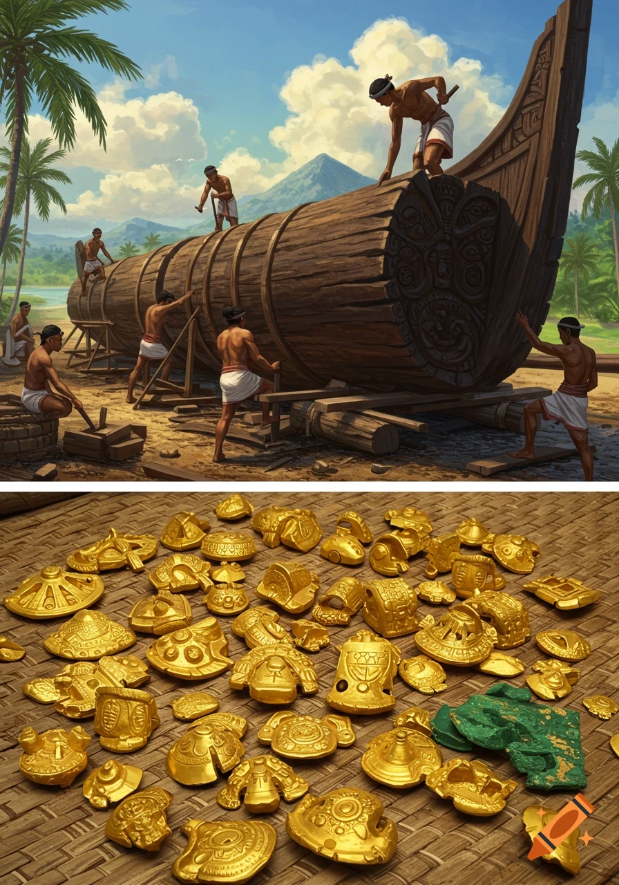 People building a large wooden boat, below a pile of gold artifacts on Craiyon