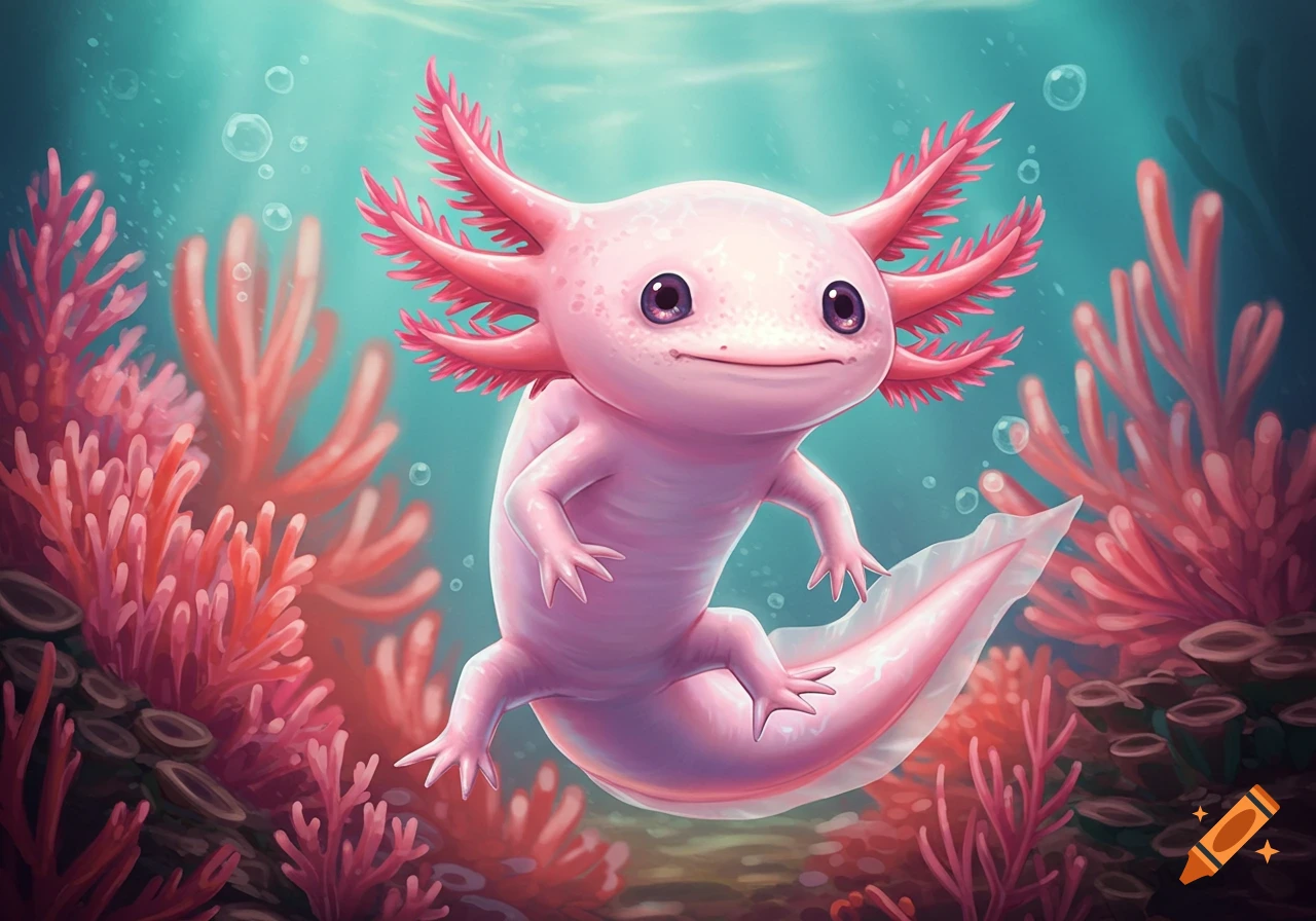 A cute pink axolotl swims underwater near pink coral. on Craiyon