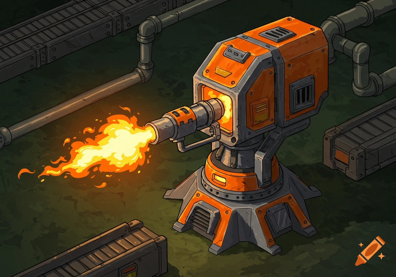 An orange and grey flamethrower turret fires a stream of fire in an ...