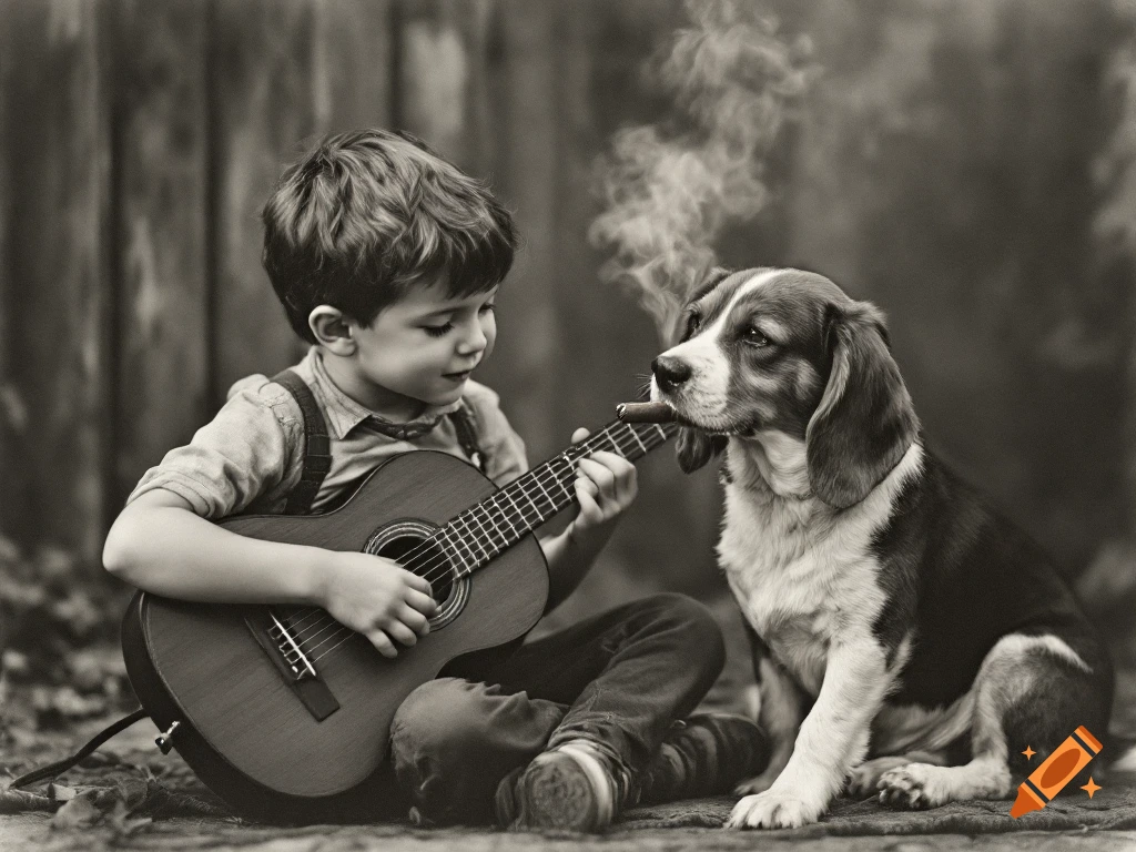 A boy sits playing an acoustic guitar next to a beagle dog smoking a ...