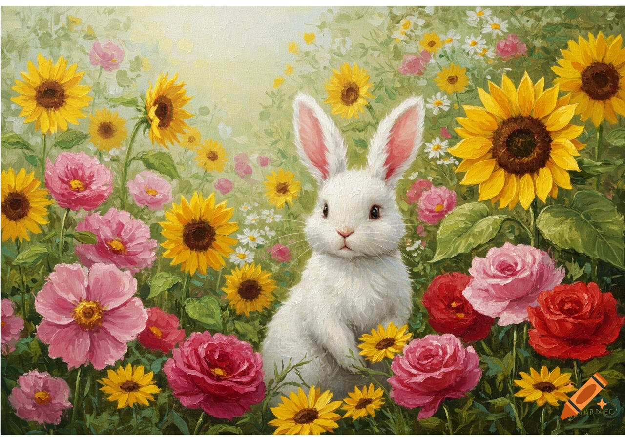 A white rabbit sits among sunflowers and roses in a garden, painted in ...