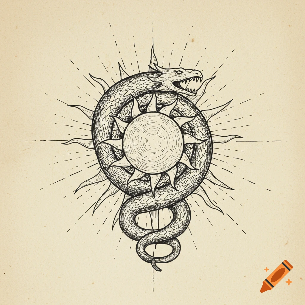 Black and white sketch of a snake coiled around a sun with rays. on Craiyon