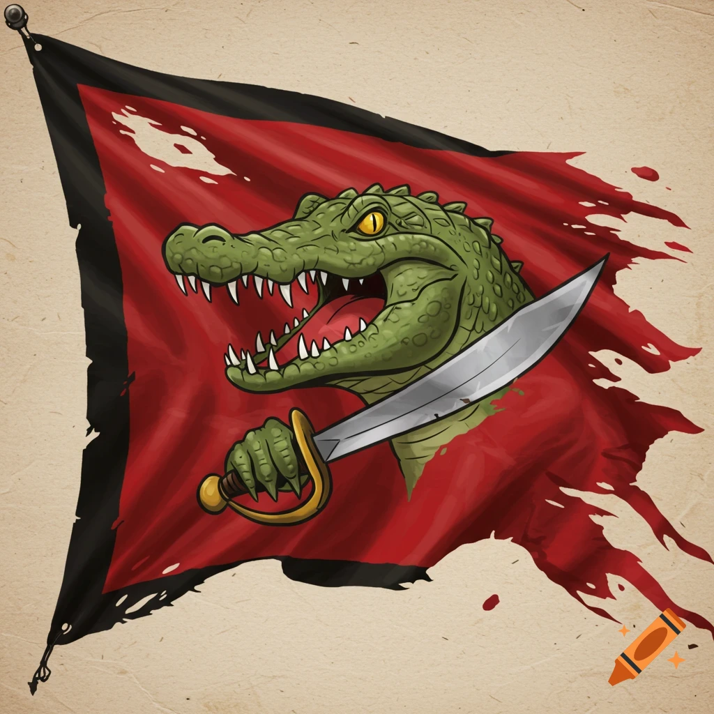 Red pirate flag with a cartoon alligator head holding a cutlass. on Craiyon