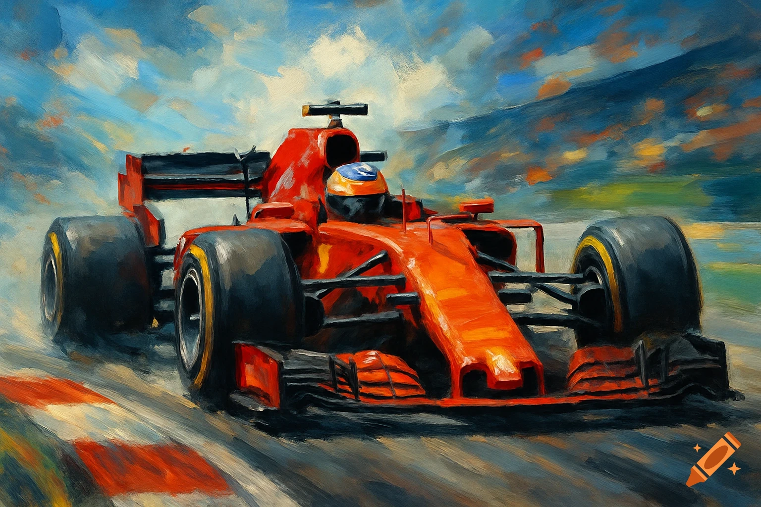 Red Formula 1 race car on a track, painted in a loose, impressionistic ...