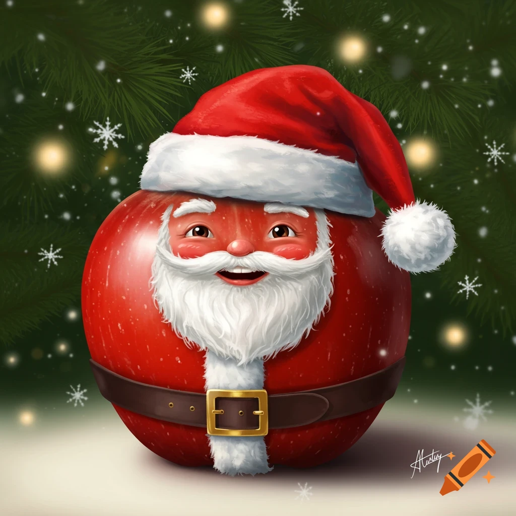 An apple dressed as Santa Claus with a belt, beard, and hat, in front ...