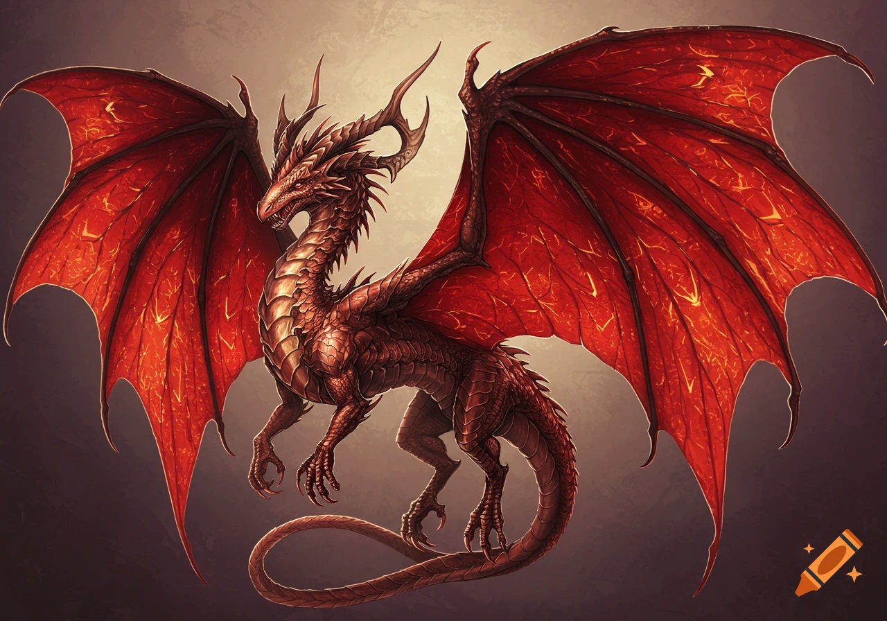Illustration of a red dragon with large, fiery red wings. on Craiyon
