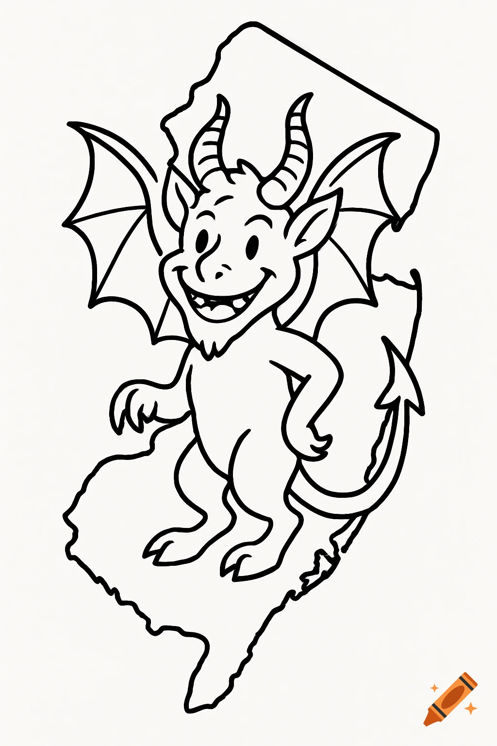 Cartoon outline of the Jersey Devil on a map of New Jersey. on Craiyon