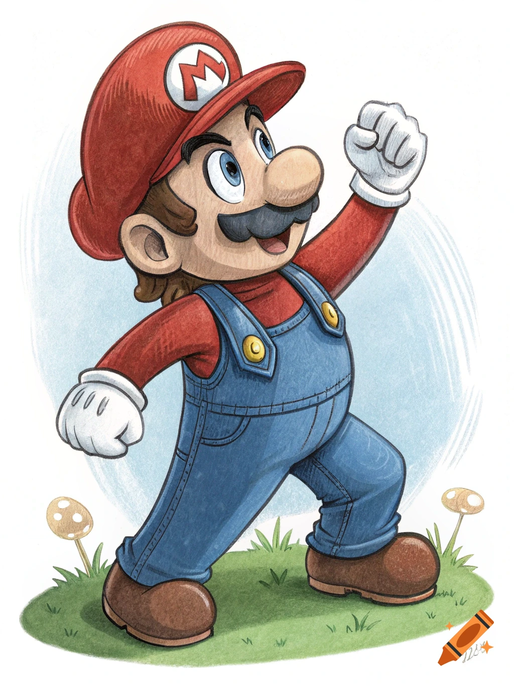 Illustration of Mario raising his fist, standing on grass with ...