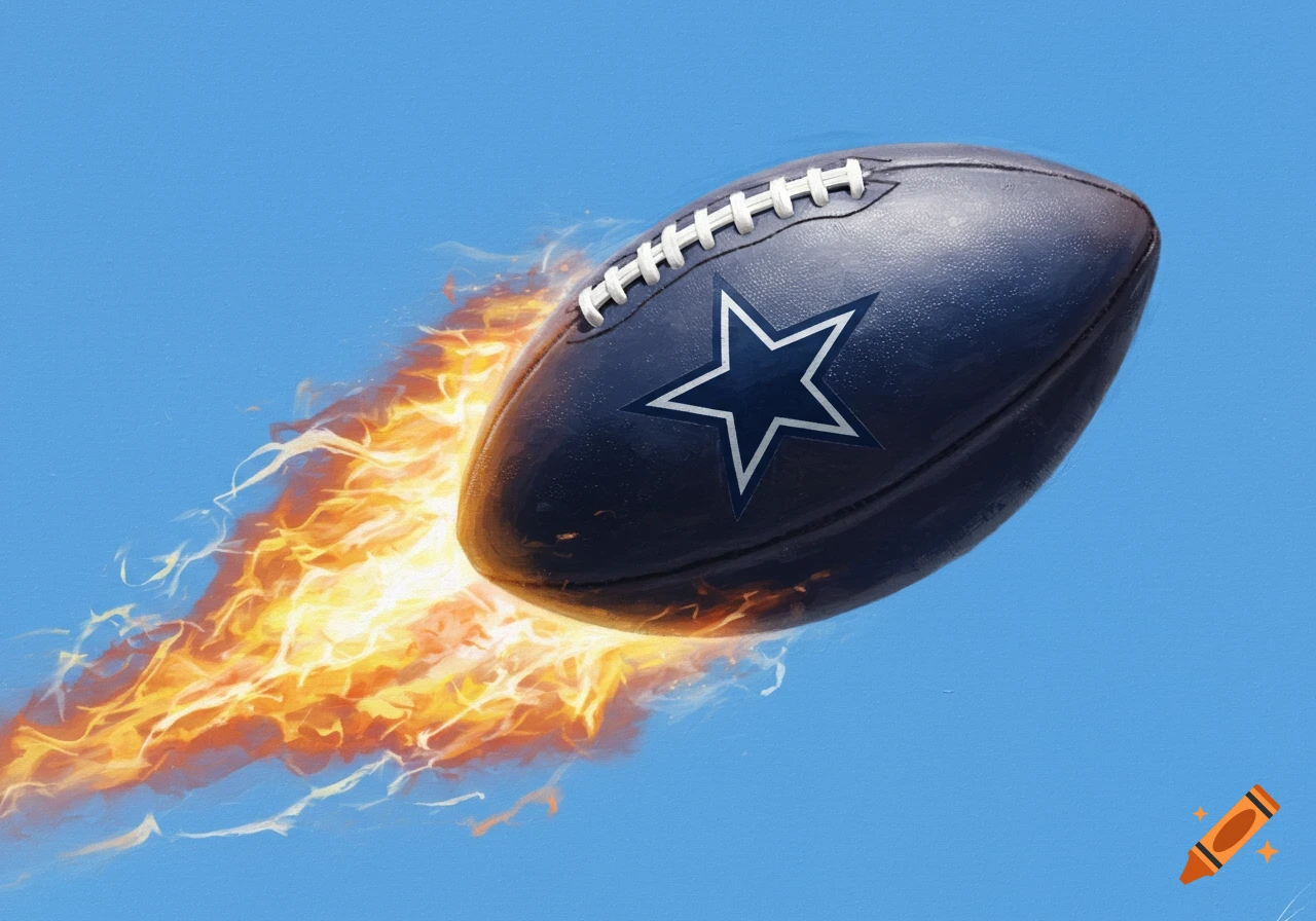 A dark blue football with a star logo flies through the air with fire ...