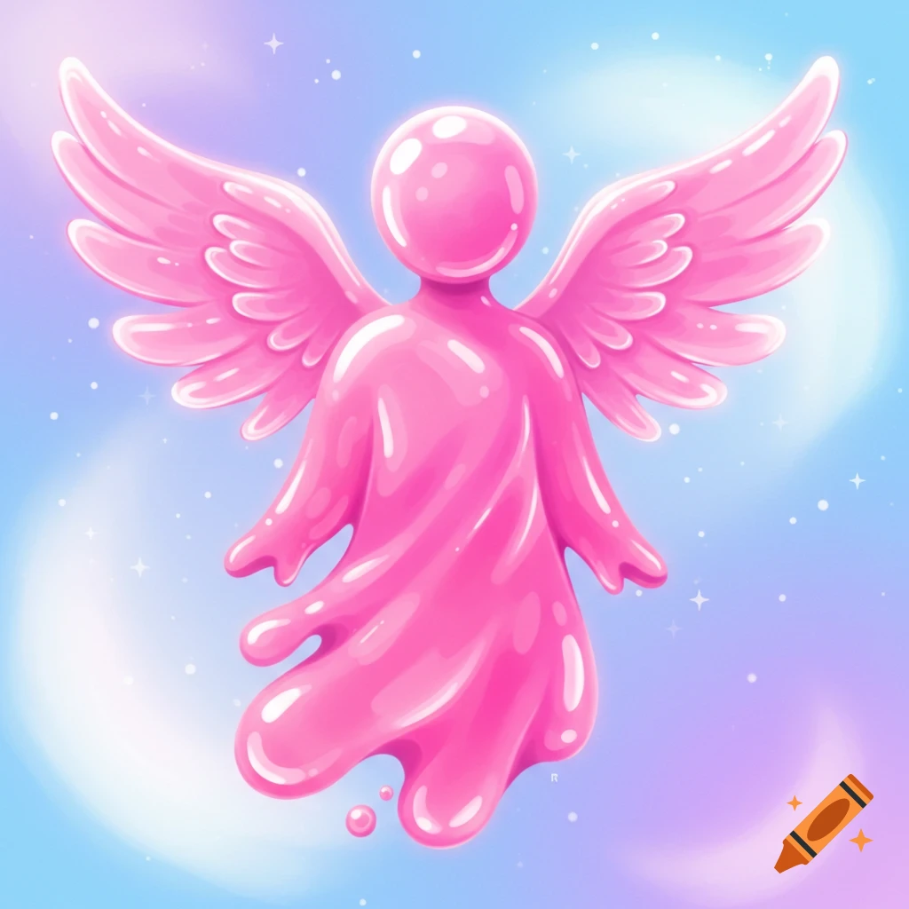 Pink jelly figure with wings floats in a pastel sky. on Craiyon