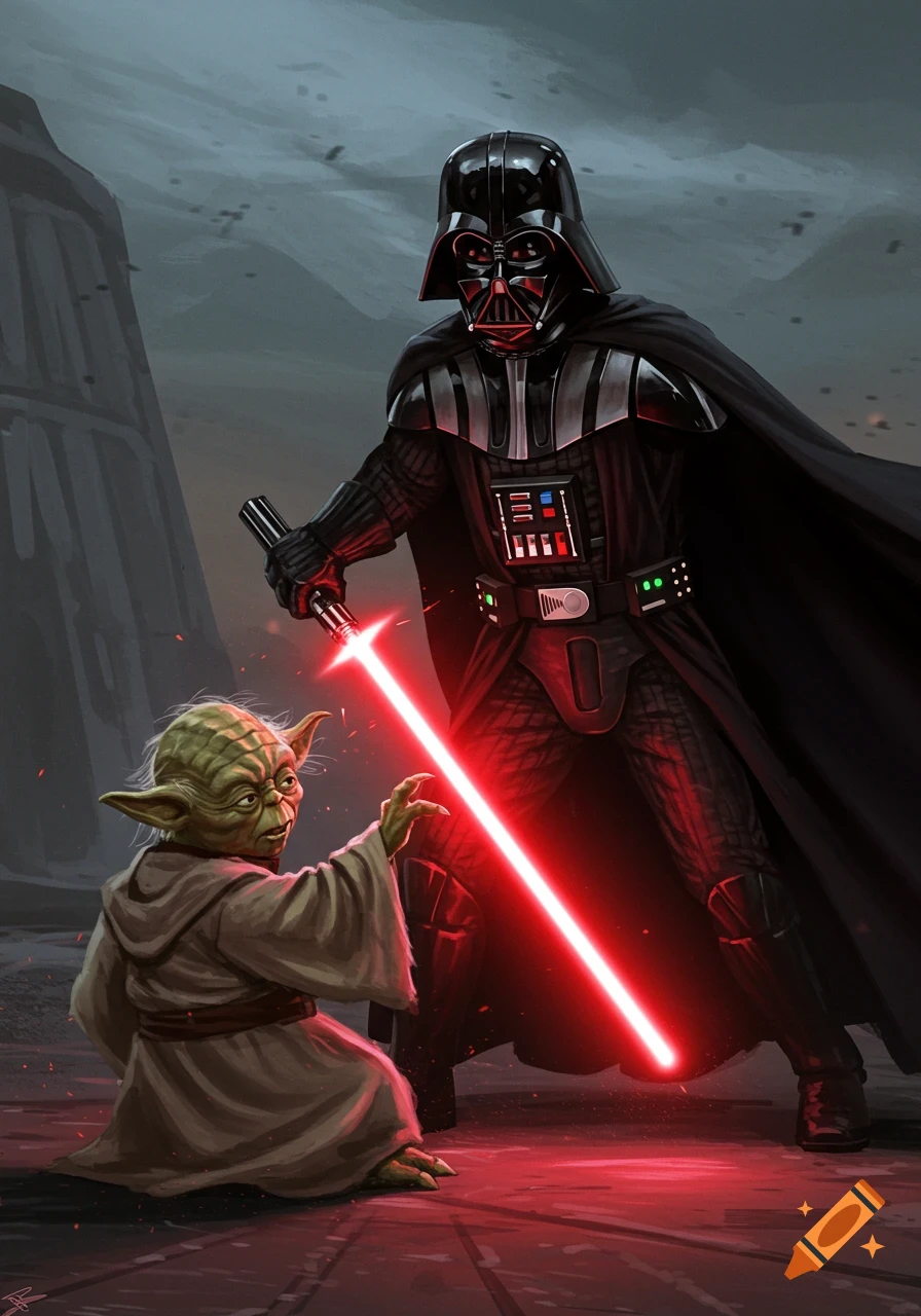 Illustration of Darth Vader with a red lightsaber standing over a ...