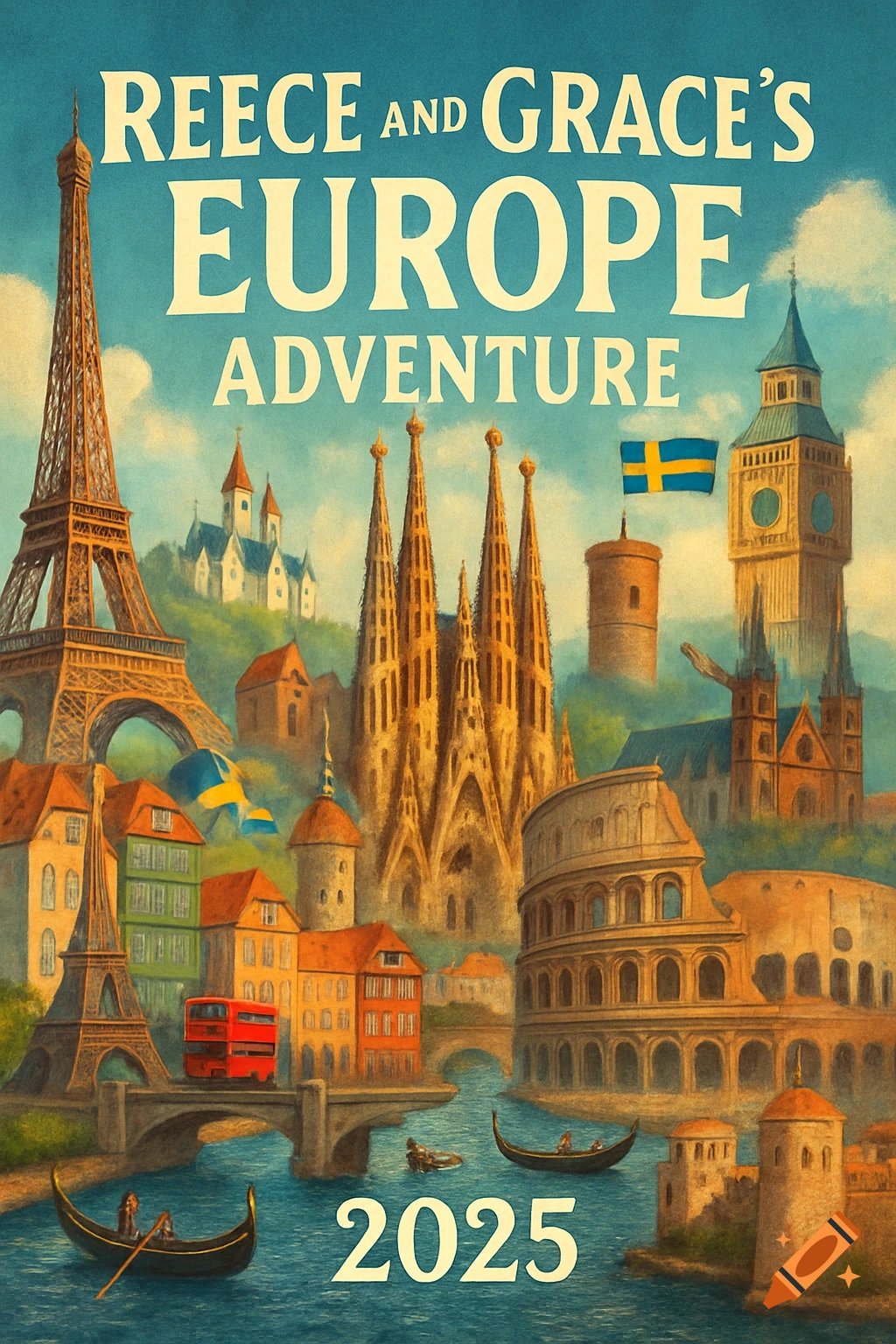 Vintage style Europe travel poster collage with landmarks like Eiffel ...