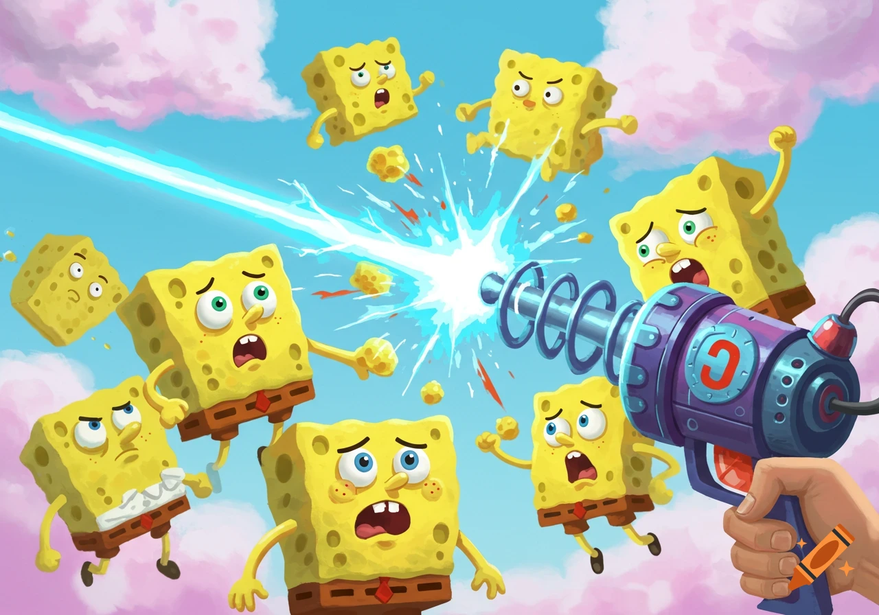 Multiple SpongeBob-like characters are hit by a ray gun blast held by a ...