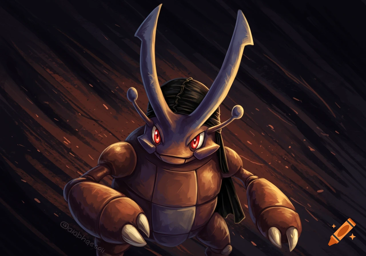 Painting of Pokemon Heracross wearing a black durag with glowing red ...
