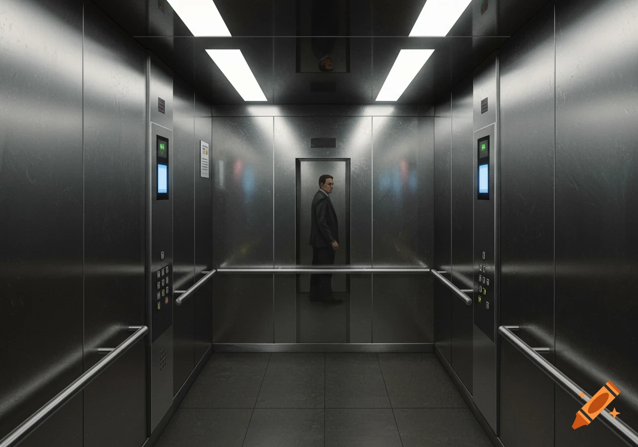 A man in a suit stands inside a modern metallic elevator ...
