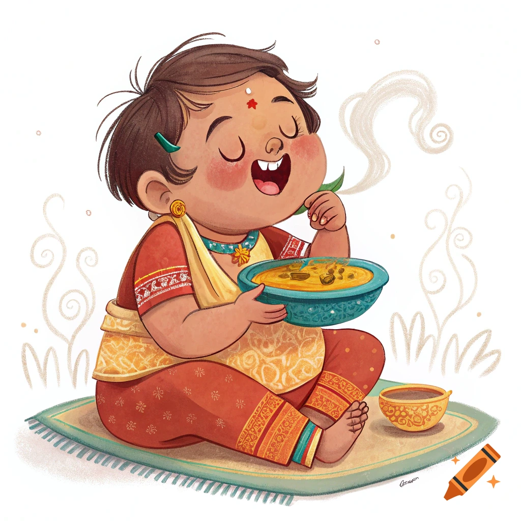 Cartoon illustration of a child in Indian clothing happily eating a ...