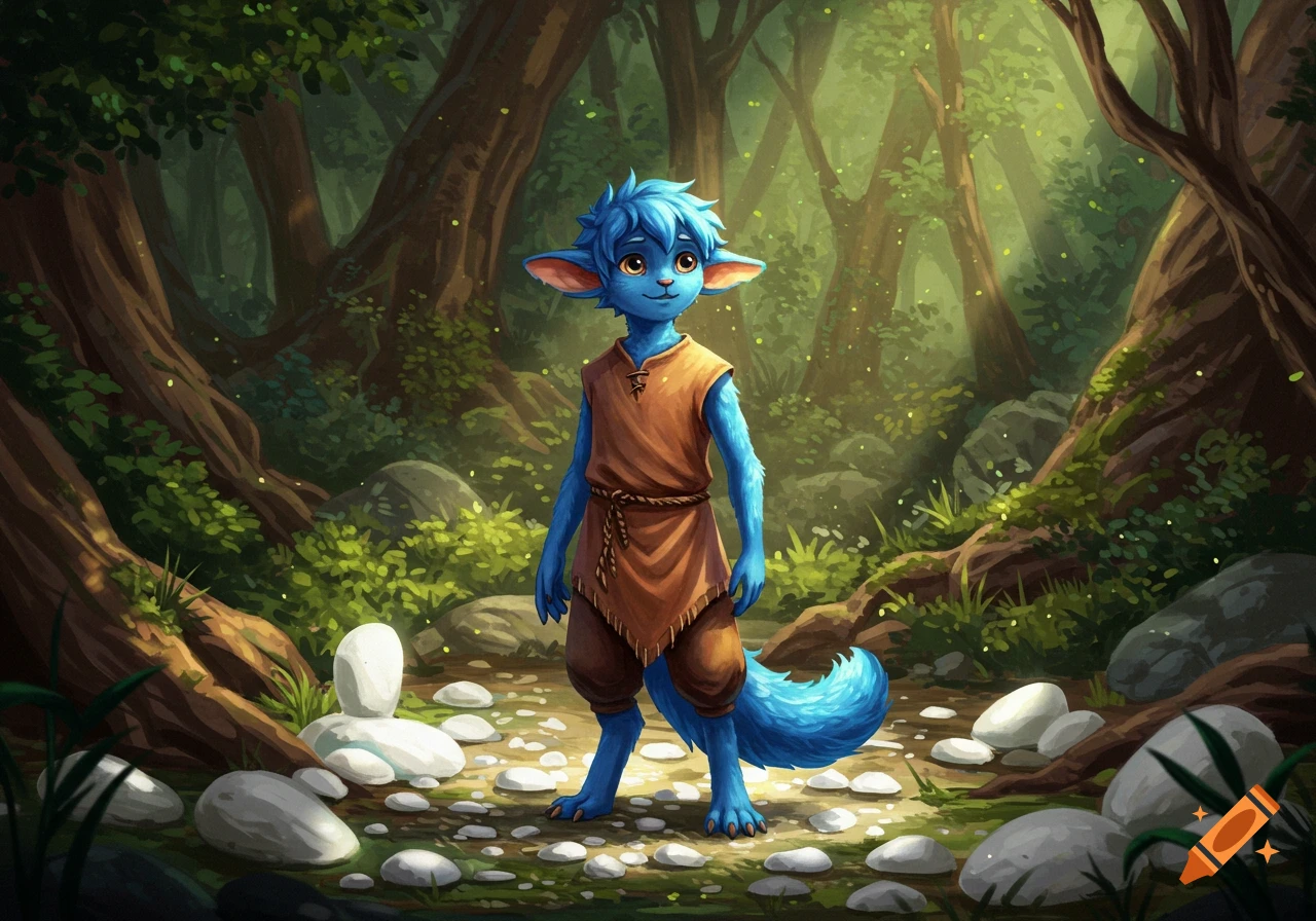 A blue furry fantasy creature stands in a sunlit forest clearing ...