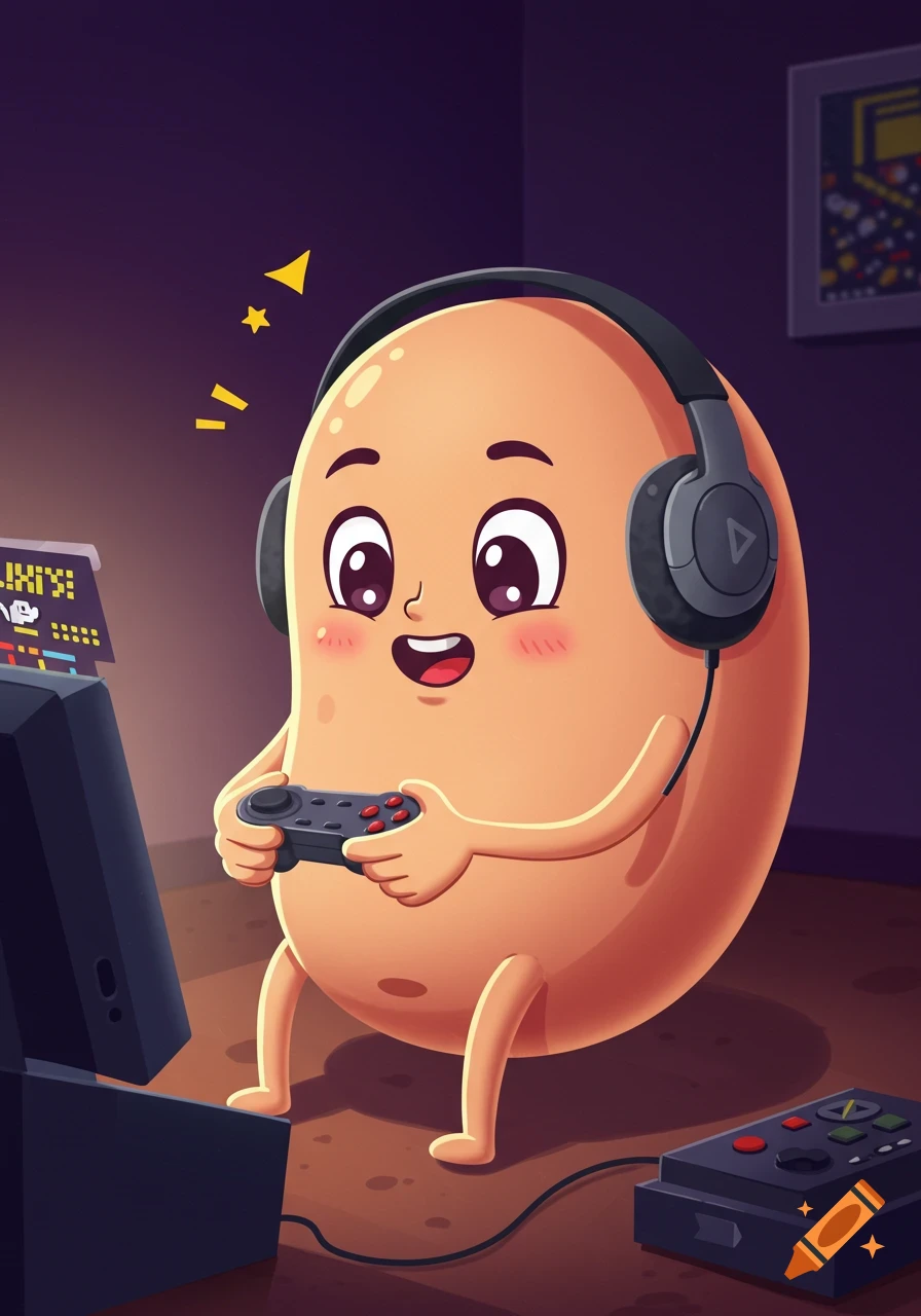 A cartoon potato wearing headphones plays a video game with a ...