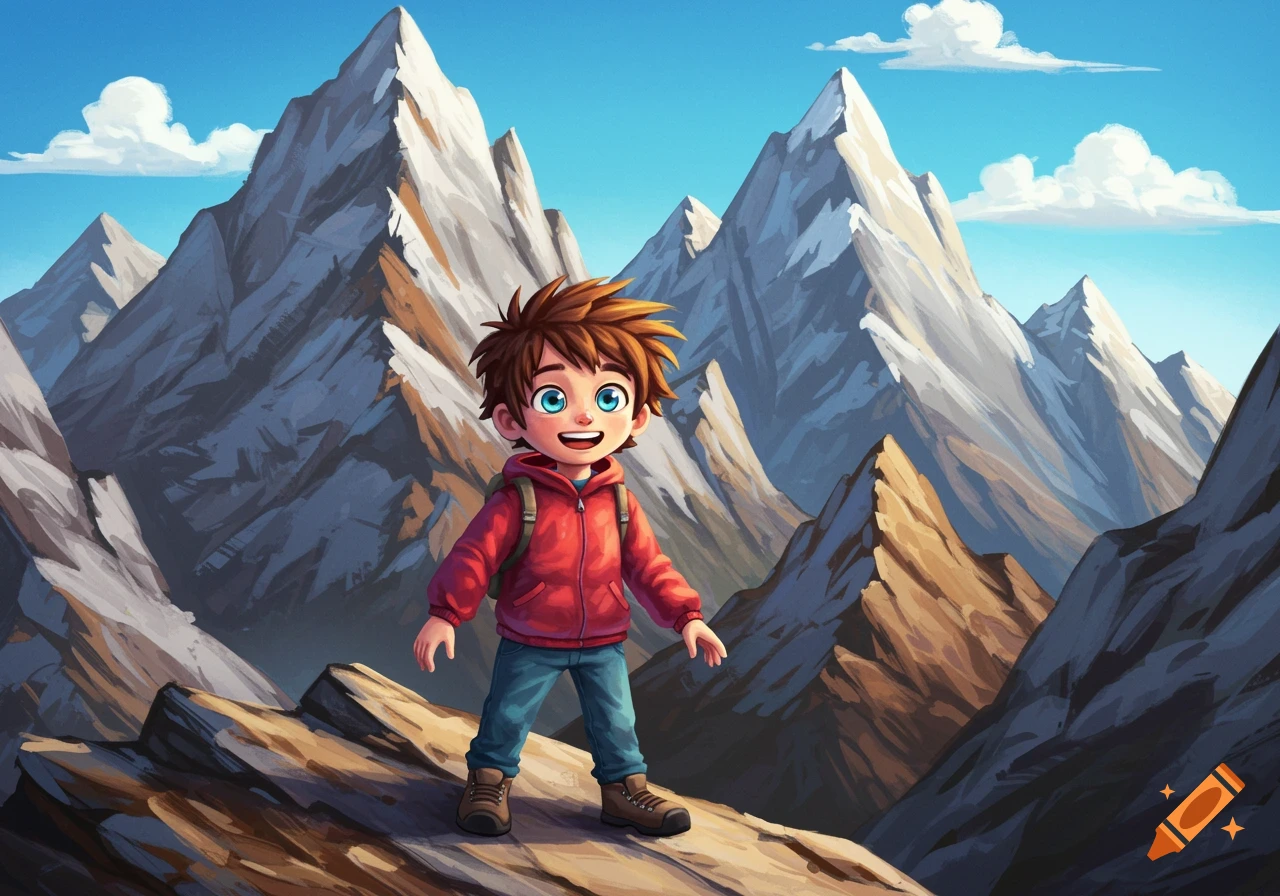 A cartoon boy with a backpack stands on a mountain overlooking other ...