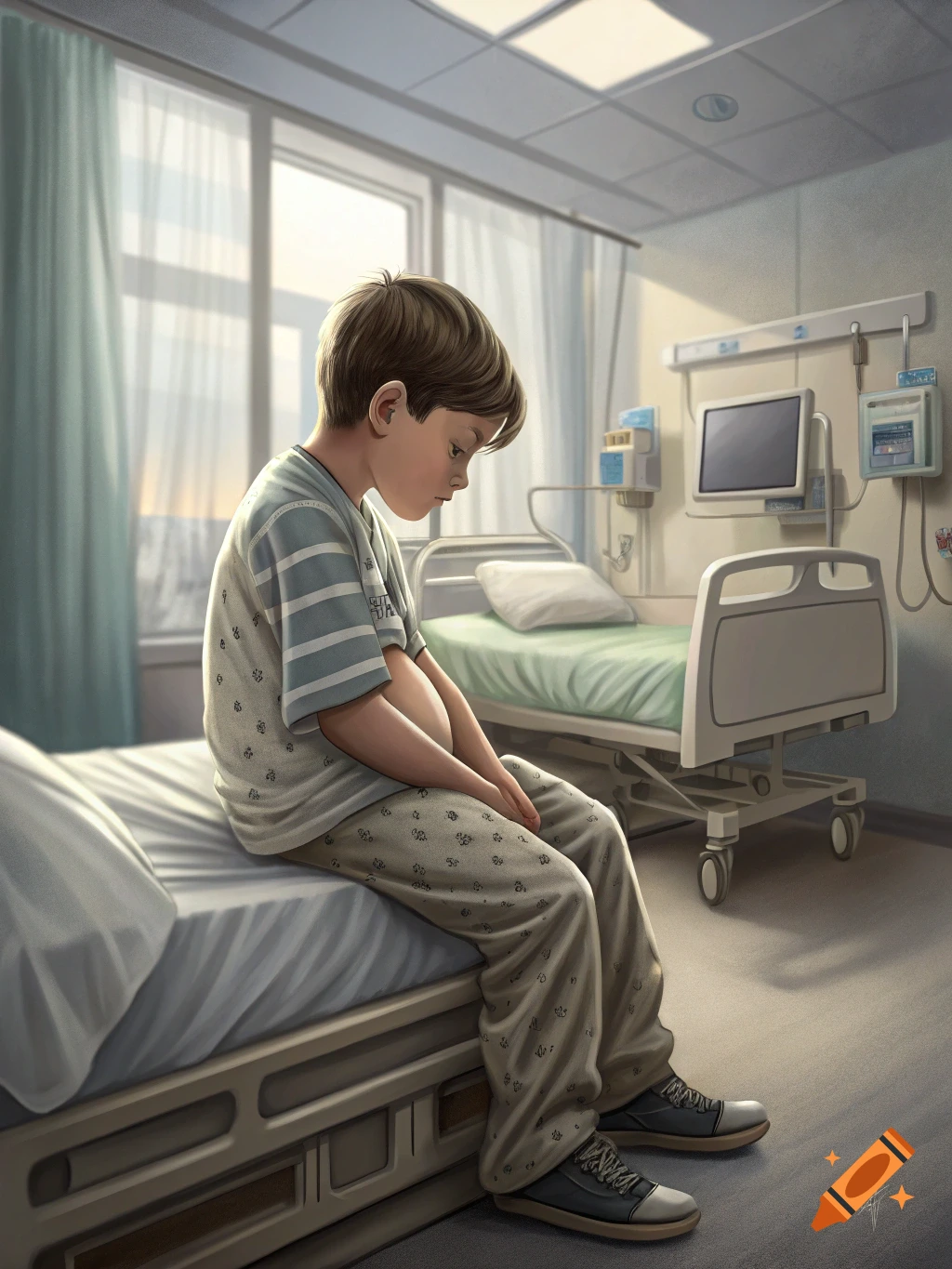 Illustration of a young boy sitting on a hospital bed, looking down at ...