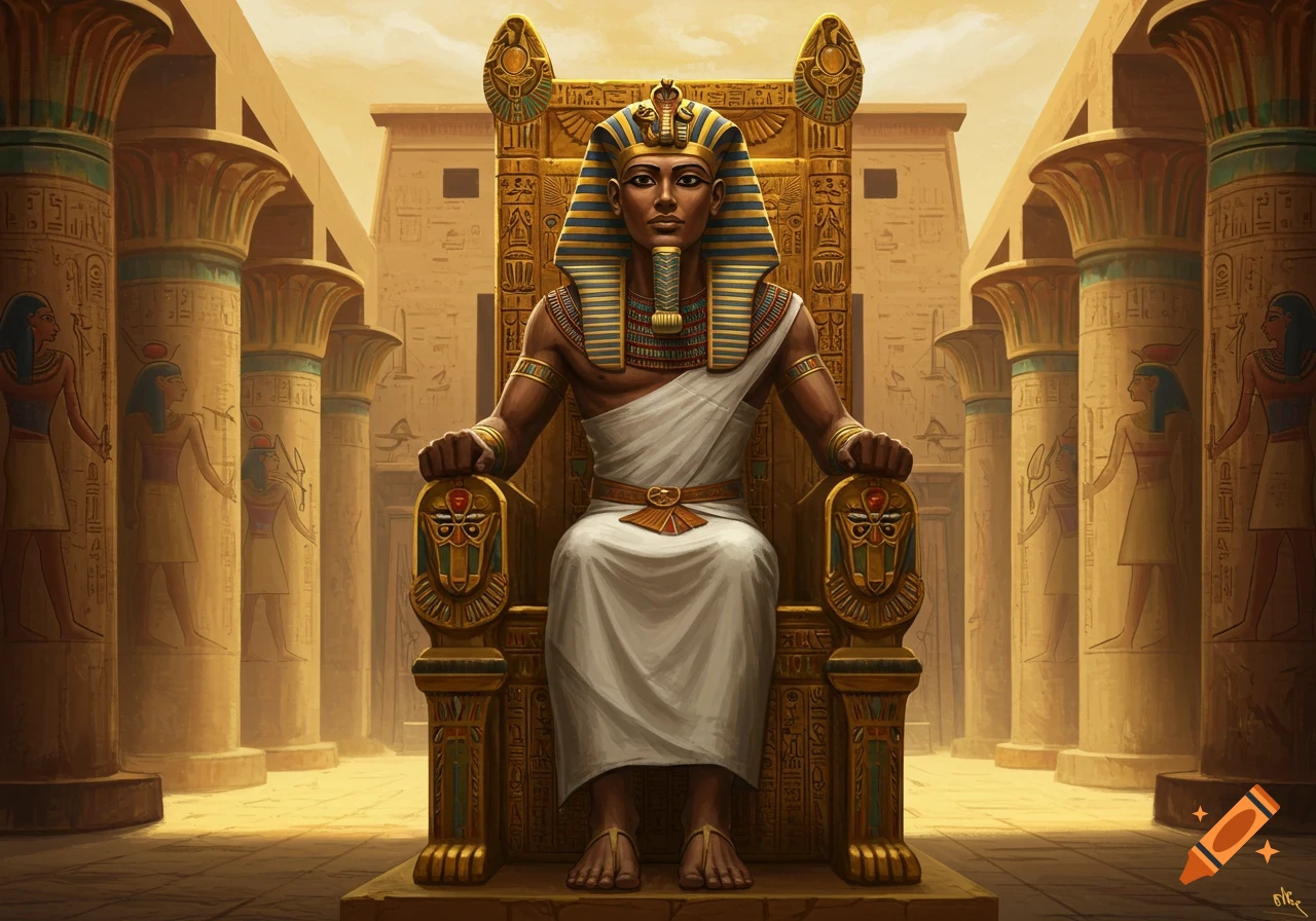 An Egyptian pharaoh sits on a golden throne in a sunlit temple. on Craiyon