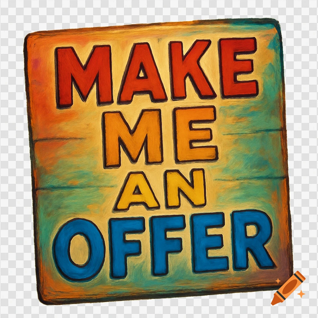 A colorful sign painted on wood says "MAKE ME AN OFFER." on Craiyon