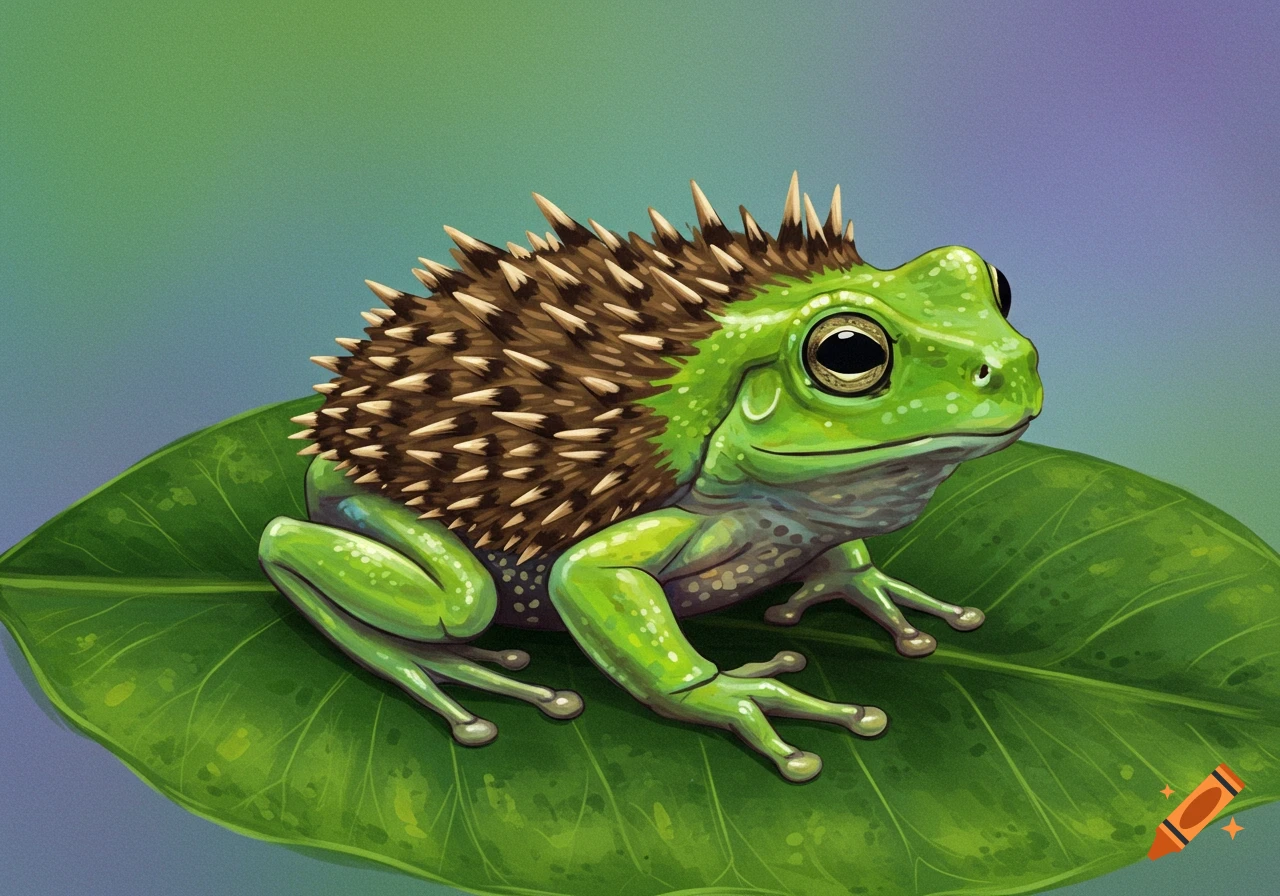 Illustration of a green frog with hedgehog quills on its back, sitting ...