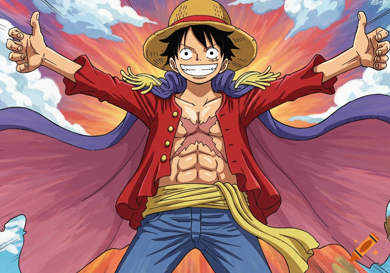 Anime character Luffy with arms wide, wearing straw hat and red shirt ...