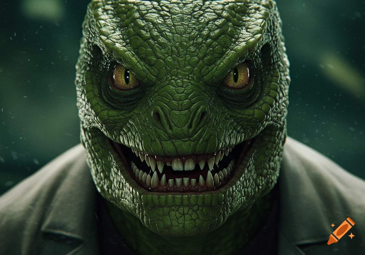 Close-up of a green lizard creature face with sharp teeth and yellow ...