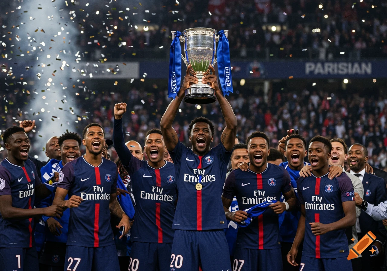 PSG soccer players celebrate winning the French Cup with a trophy and confetti. on Craiyon